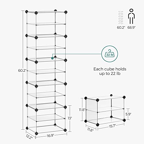 SONGMICS Shoe Rack, 10-Slot Storage Organizer Unit with Doors, Portable Cube Shoe Storage Organizer, Plastic Modular DIY Storage Shelf, Closet Divider for Clothes Bags Toys, Transparent ULPC506T01