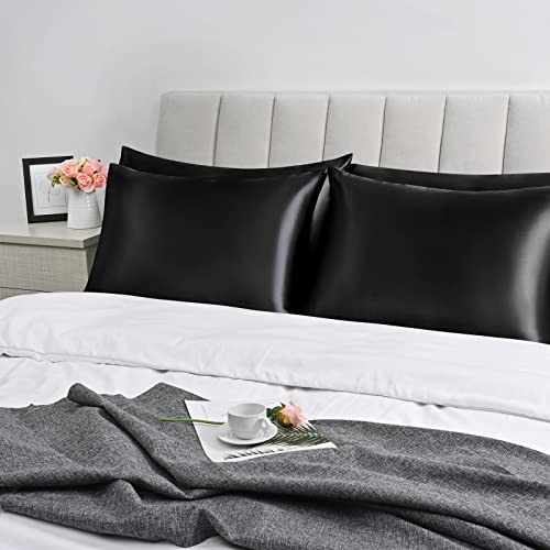 Satin Pillowcase for Hair and Skin, Set of 2 Black Silk Pillowcase Satin Pillowcase with Envelope Closure(Black,20x30 inches)