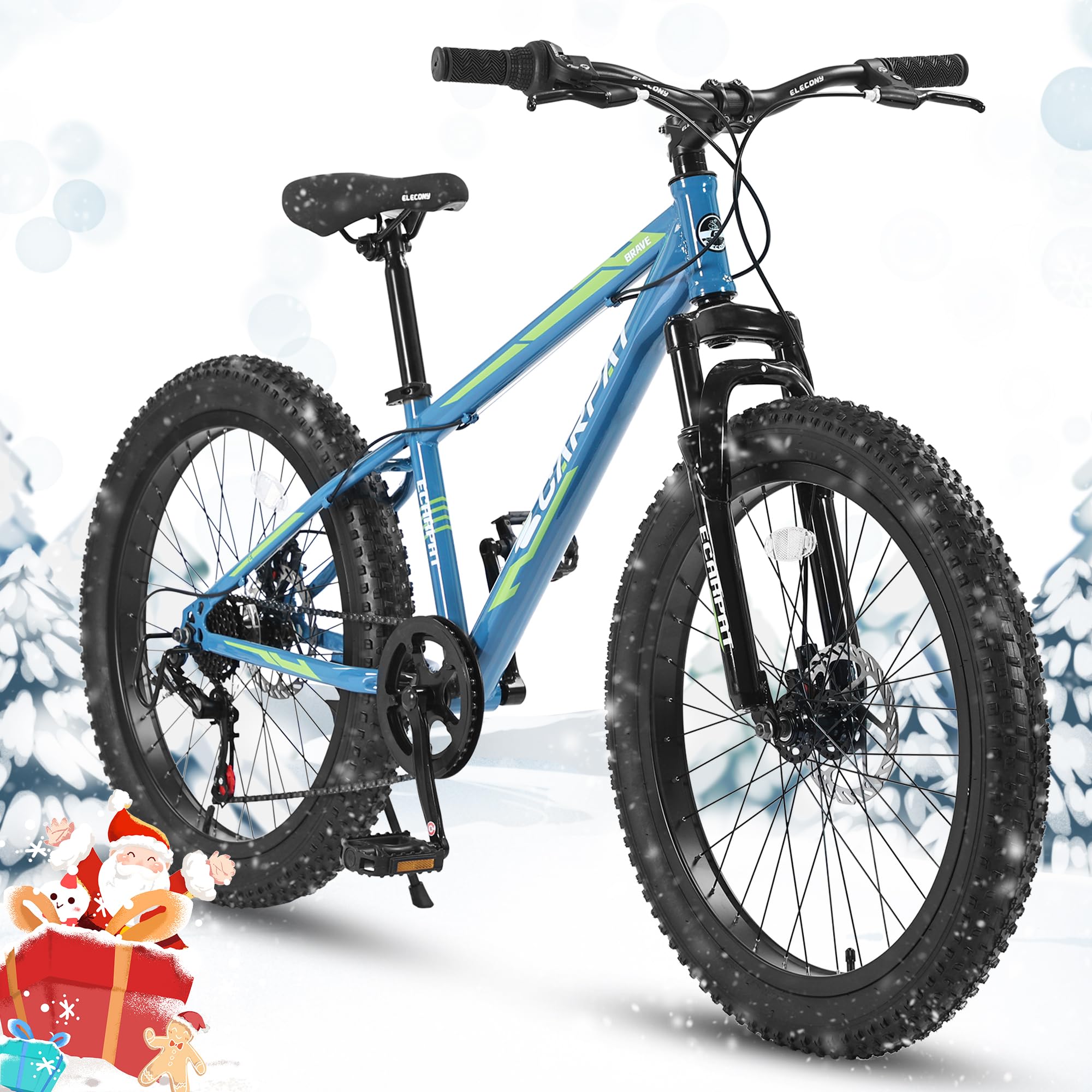 Ecarpat Mountain Bike 24 Inch Wheels, Christmas New Year Gifts 3-Inch Wide Fat Tire Snow Mountain Bikes, 7 Speed for Men Women Bicycles, Steel Frame Disc Brake Front Suspension