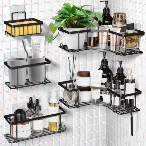 Corner Shower Caddy, 5 Pack Adhesive Organizer Stainless Steel Bathroom Shelves with Holder & 14 Hooks No Drilling Wall Mounted Storage Rack Shelf for Inside Shower, Black
