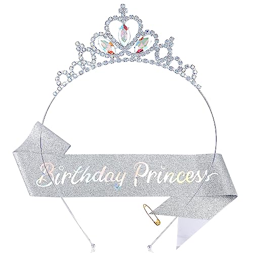 KICOSY Silver Birthday Crowns for Women Birthday Princess Sash & Crystal Tiara Set Princess Tiara for Girls Princess Crown Birthday Tiara Girls Crystal Headband Glitter Sash Kit for Birthday Party