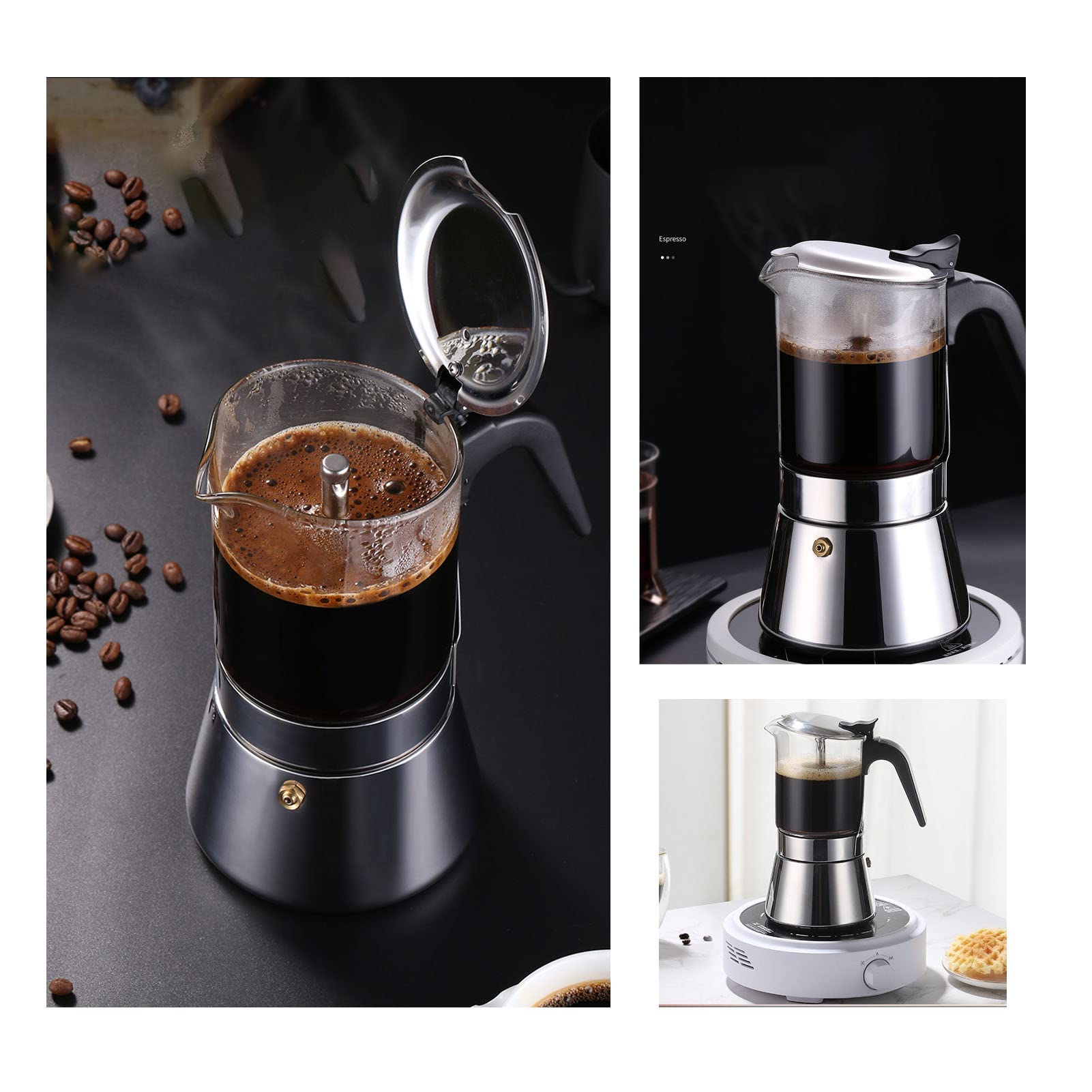 Zooke Classic Stovetop Espresso and Coffee Maker, Stovetop Espresso Maker Stainless Steel Italian Coffee Machine Maker, Crystal Glass 6 Espresso Cups Pot for Italian Cuban Café