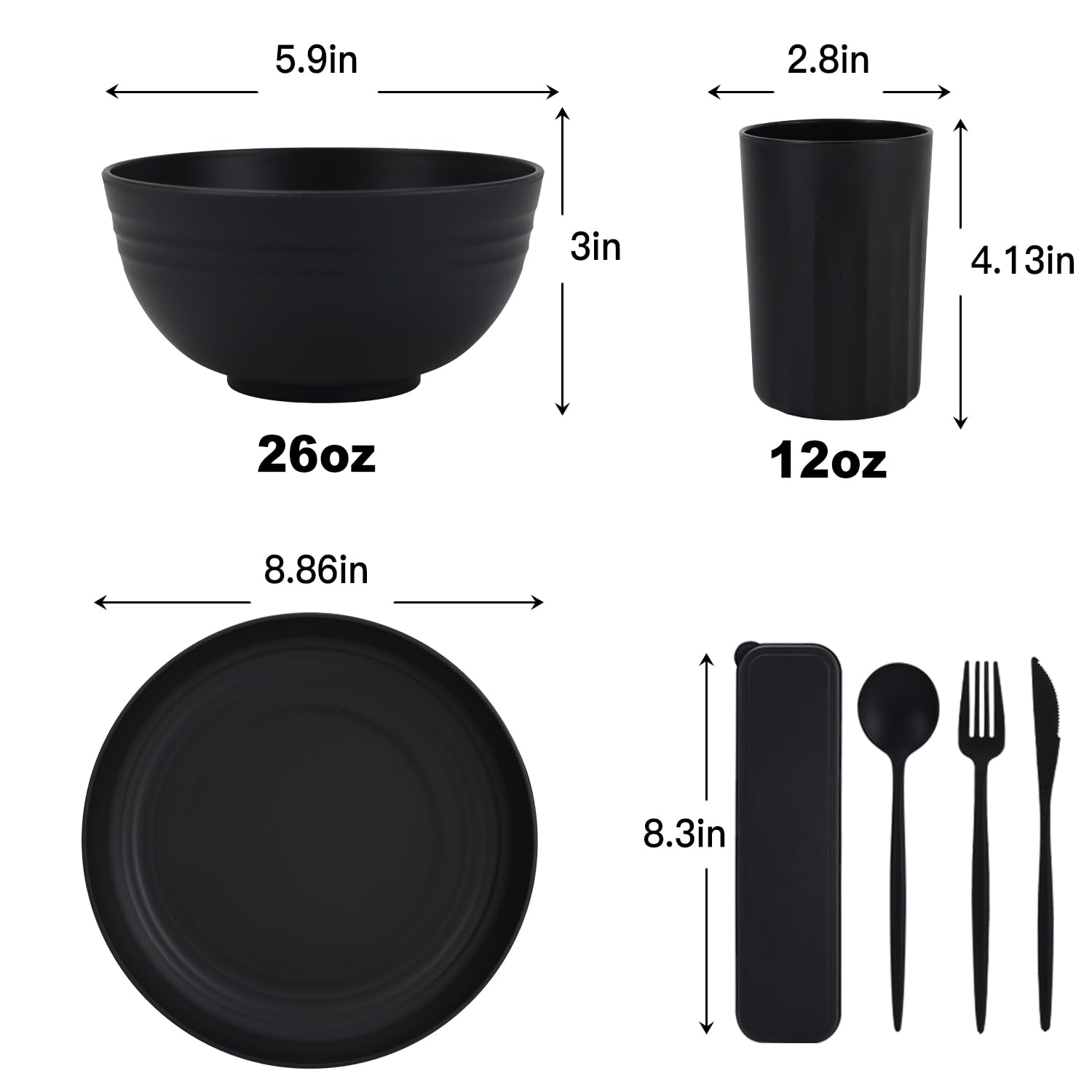 28-Piece Wheat Straw Dinnerware Sets, Microwave & Dishwasher Safe Unbreakable Dinnerware Set, Reusable Dishware Sets, Lightweight Camping Dishes, Plates, Cups, Cereal Bowls for 4(Black)