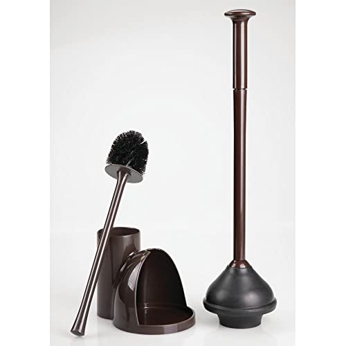 mDesign Compact Freestanding 2-in-1 Plastic Toilet Bowl Brush/Plunger/Trash Wastebasket Garbage Can Combo, Home Bathroom Storage, Sturdy Cleaning Accessories, Aura Collection, Set of 2, Dark Brown
