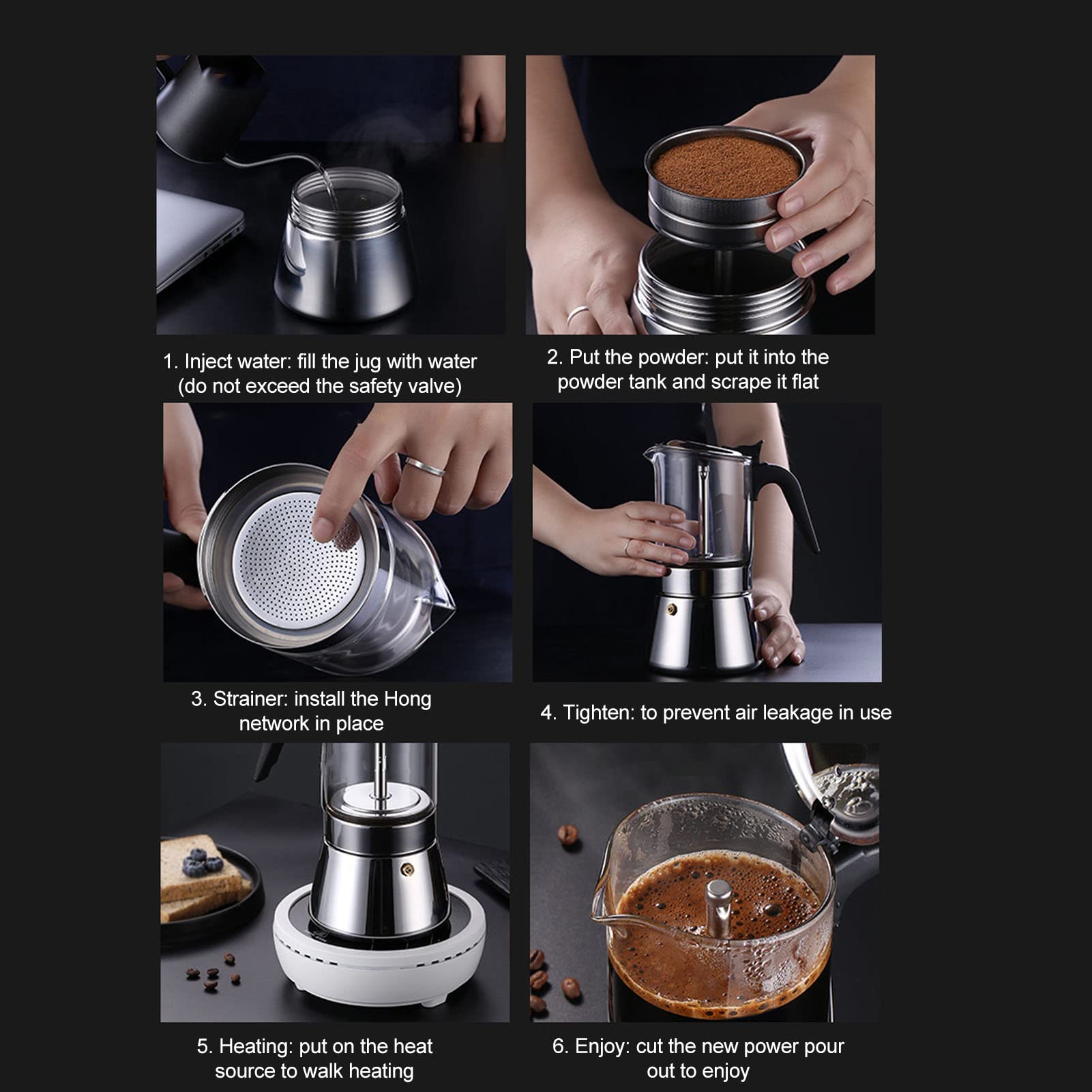 Zooke Classic Stovetop Espresso and Coffee Maker, Stovetop Espresso Maker Stainless Steel Italian Coffee Machine Maker, Crystal Glass 6 Espresso Cups Pot for Italian Cuban Café