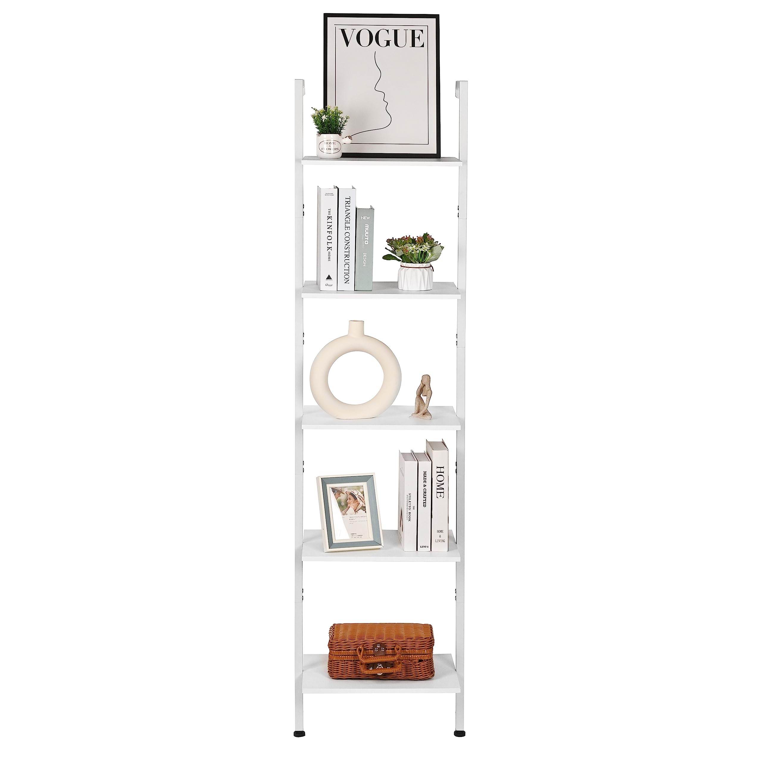 ELYKEN Ladder Shelf, White 5-Tier Wood Wall Mounted Bookshelf with Metal Frame, Modern Open Display Organizer Rack, Leaning Storage Shelves for Living Room, Bedroom, Home Office