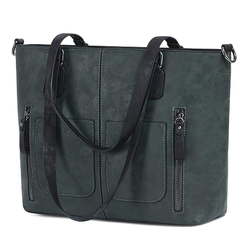 LOVEVOOK Large Purses for Women, Vintage Handbags for Women, PU Leather Work Tote Bags, Shoulder Bag with Multi-Pockets, Satchel Hobo Bag, Green