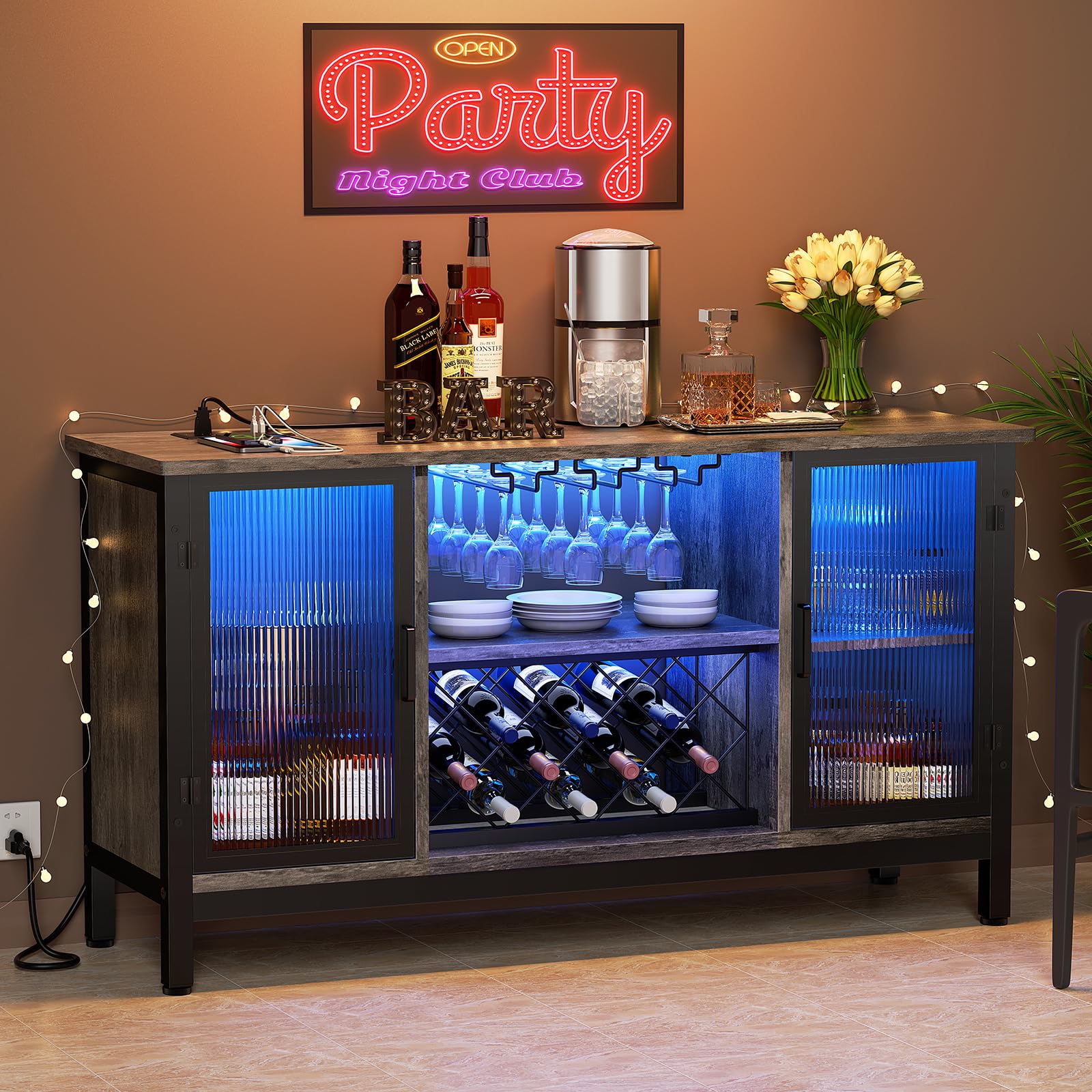 Zarler Bar Table Cabinet with Power Outlet and Light, LED Wine Bar Stand for Liquor and Glasses, Metal Home Mini Bar with 4-Tier Storage (Dark Grey), 13.4″D x 47″ W x 29.5″H, WBC001