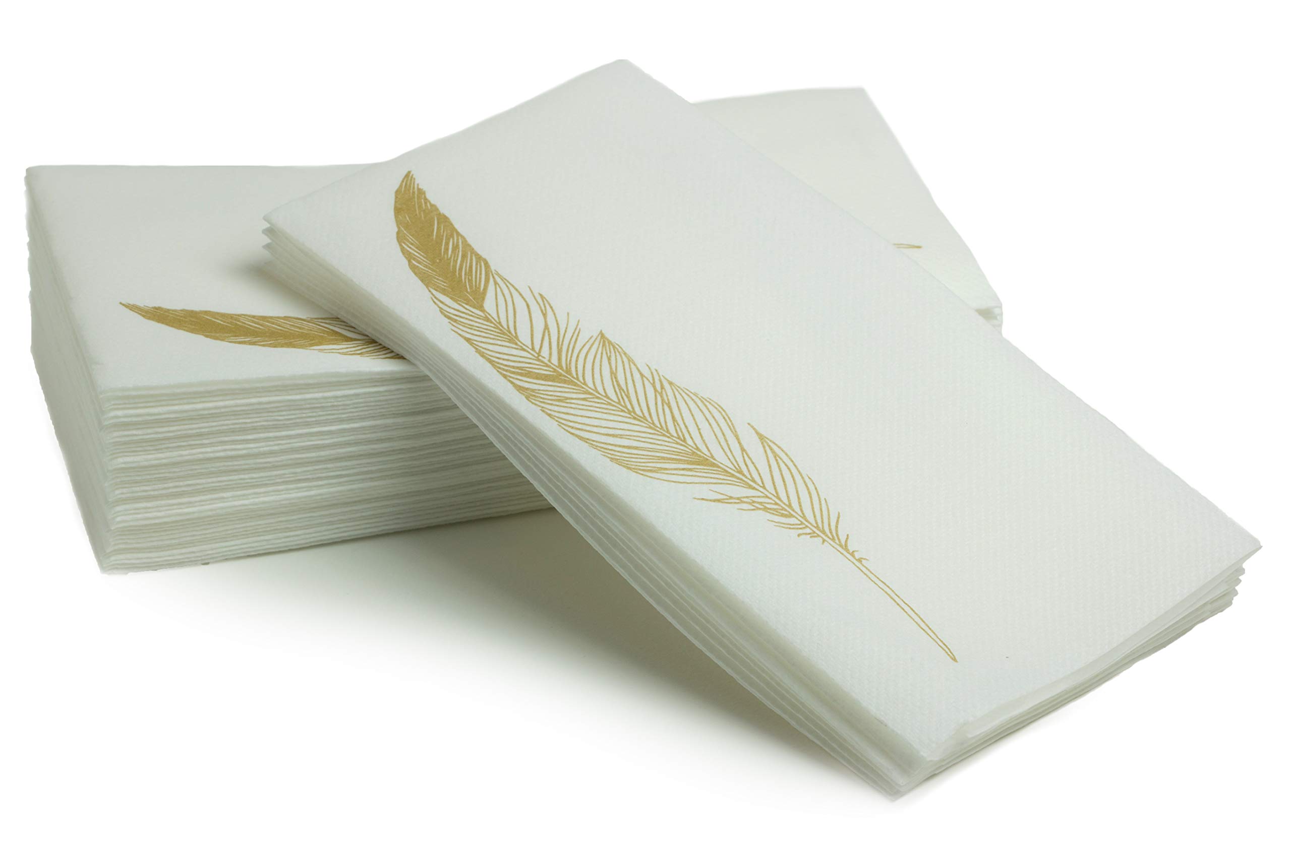 SimuLinen Decorative Gold Feather Design Paper Towels - Hand Towels for Bathroom - Cloth-Like, Linen-Feel for Guest Bathroom Essentials, Size: 12x17β (Pack of 100) Made in Germany