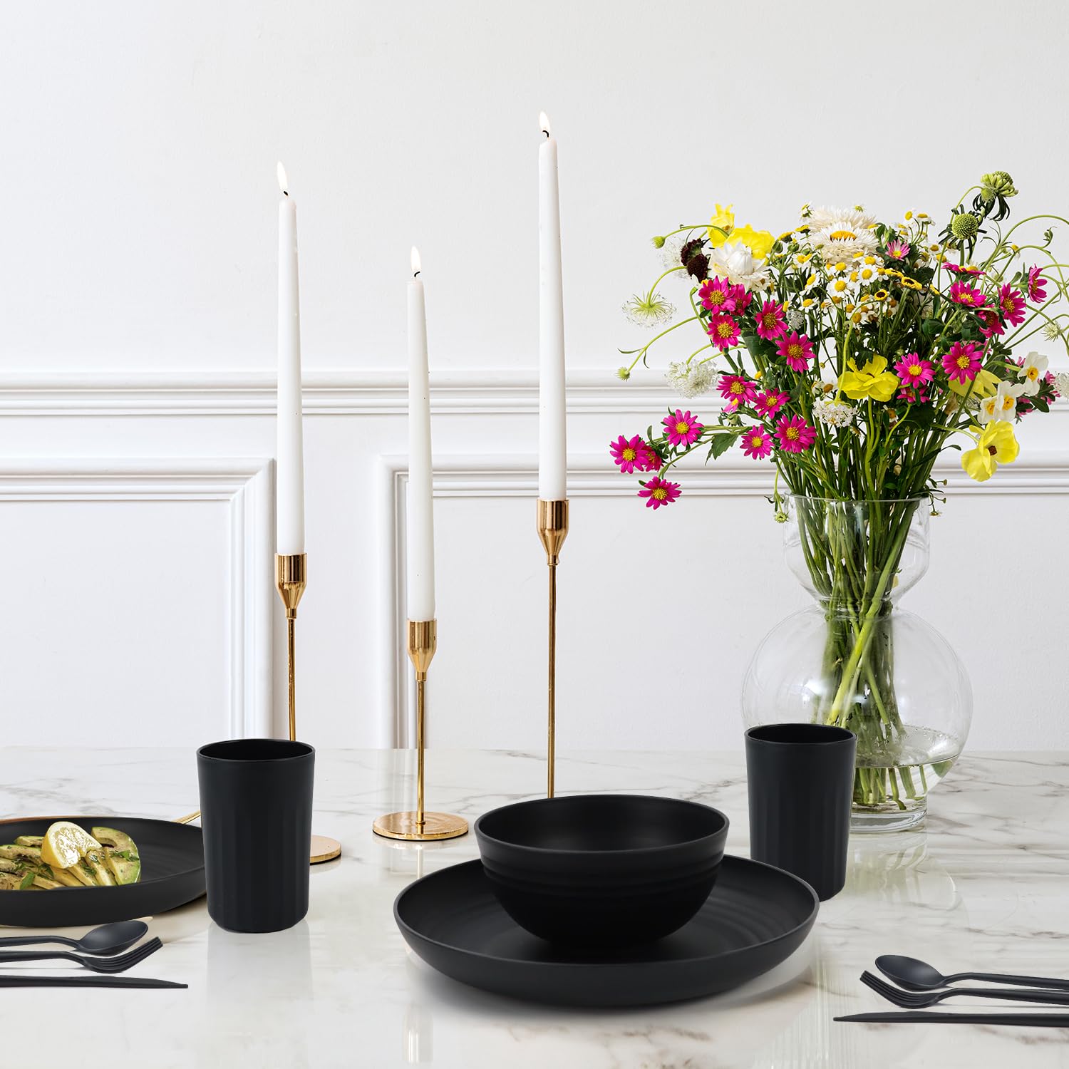 28-Piece Wheat Straw Dinnerware Sets, Microwave & Dishwasher Safe Unbreakable Dinnerware Set, Reusable Dishware Sets, Lightweight Camping Dishes, Plates, Cups, Cereal Bowls for 4(Black)
