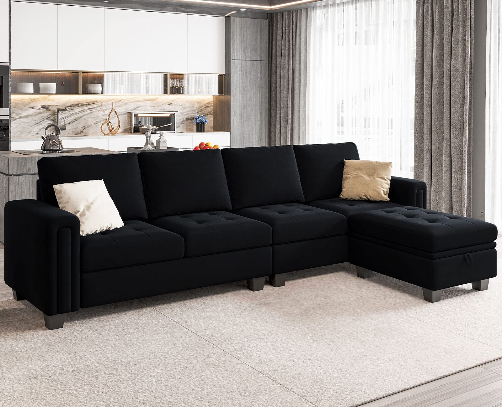 Belffin Velvet Reversible Sectional Sofa with Chaise Convertible L Shaped 4-seat Sectional Couch with Storage Ottoman Black