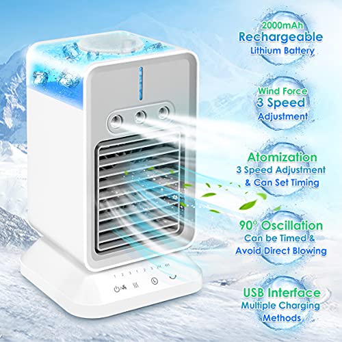 YiimDaifun Portable Air Conditioner, 2000mAh Rechargeable Atomization Fan (Timeable 2-4H), 90° Oscillation Cool Breeze Air Conditioner, Personal Space Cooler for Rooms, Offices, Campers, Indoor