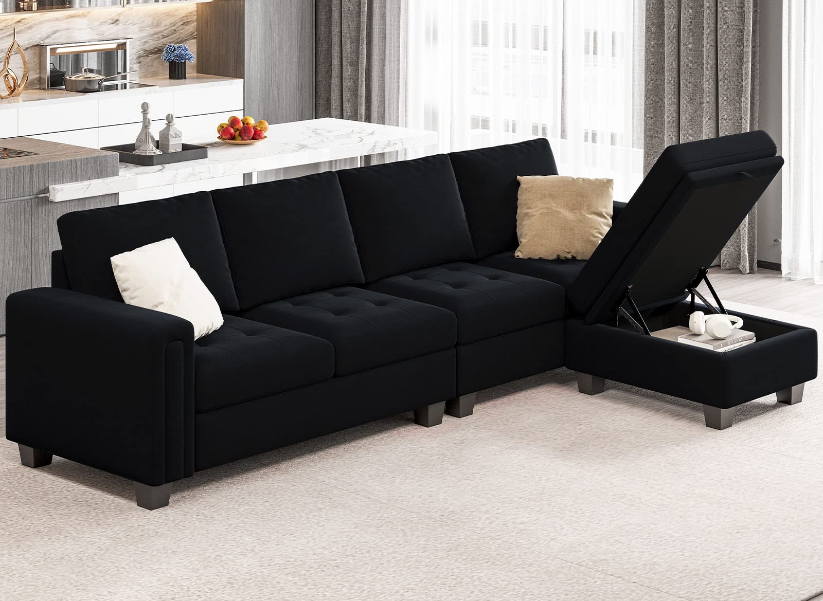 Belffin Velvet Reversible Sectional Sofa with Chaise Convertible L Shaped 4-seat Sectional Couch with Storage Ottoman Black