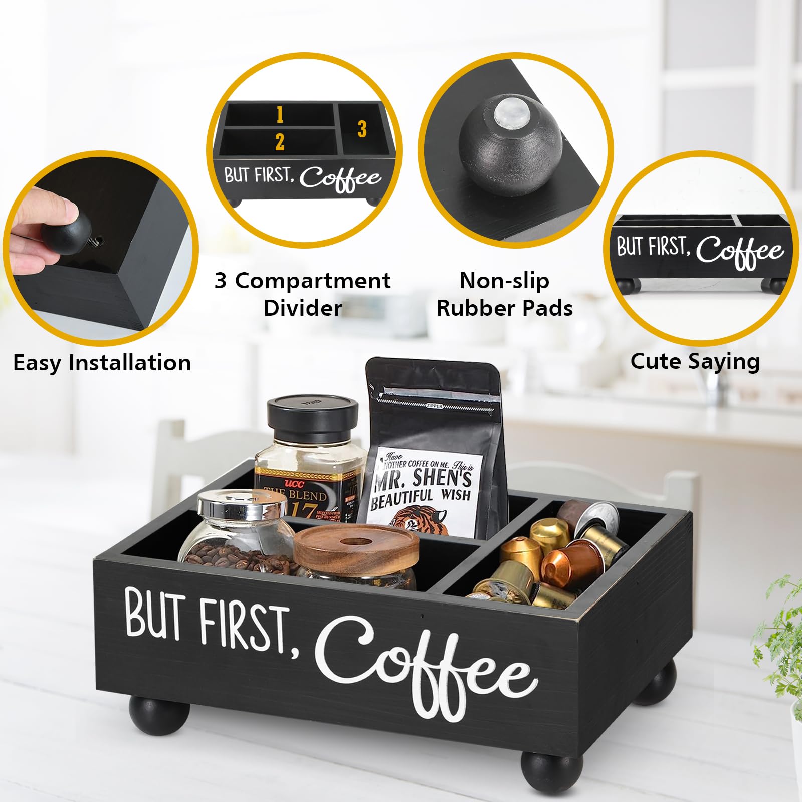 MEMOORIAL Wooden Coffee Station Organizer with 4 Round Legs, Coffee Bar Accessories Organizer for Countertop, Coffee Pods Holder Basket, Coffee Tea Bag Cup Lid Storage Box for Coffee Lover, Black…
