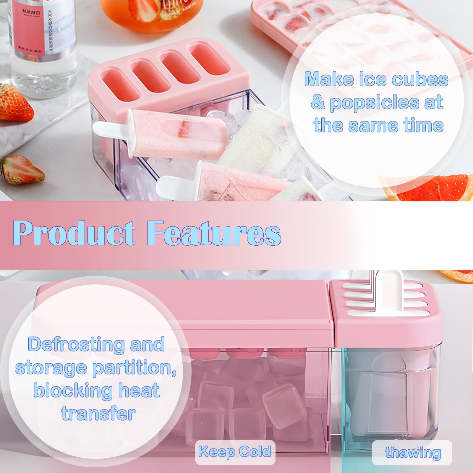 Ice Cube Tray with Lid and Bin, 24pcs Ice Cube Molds and 4pcs Popsicles Molds with 4 Reusable Popsicle Sticks, 1 Ice Scoop, Ice Cube Trays for Freezer, Whiskey, Cocktails (Pink), Masjenbu
