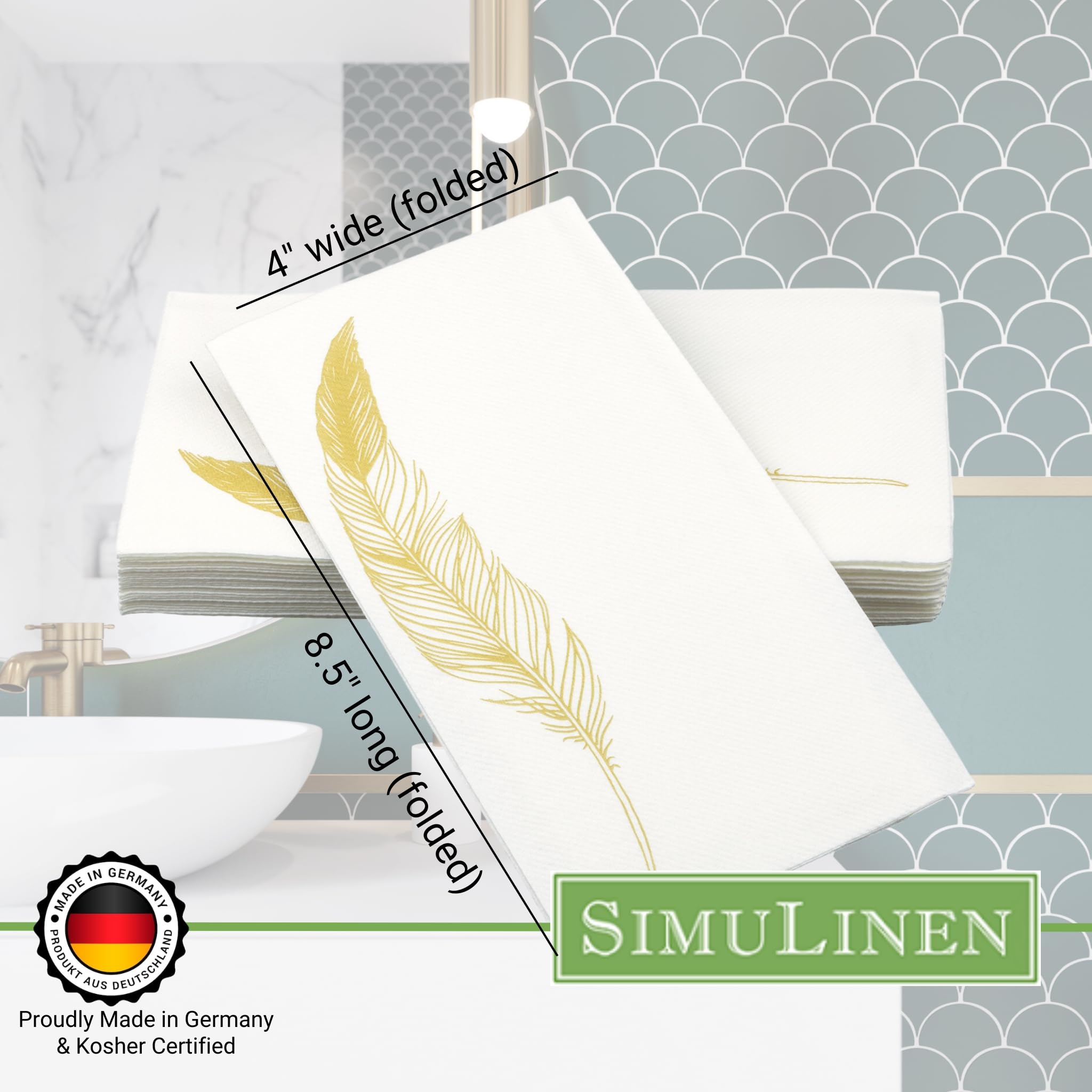 SimuLinen Decorative Gold Feather Design Paper Towels - Hand Towels for Bathroom - Cloth-Like, Linen-Feel for Guest Bathroom Essentials, Size: 12x17β (Pack of 100) Made in Germany