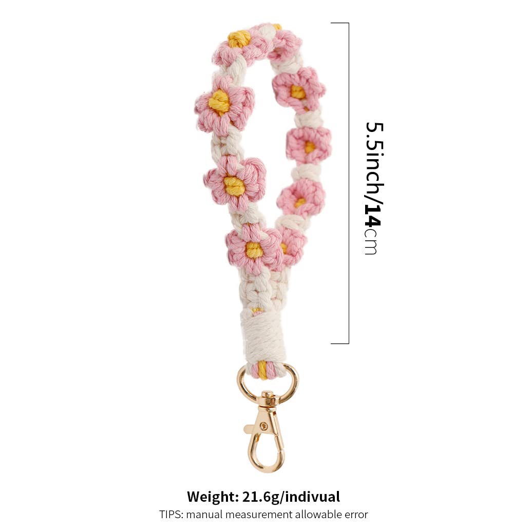 XGALBLA Cute Macrame Keychain Boho Handmade Wristlet Bracelet Keychain Floral Country style Wrist Lanyard Handmade Weave Exquisite Holder for Women(Pink)