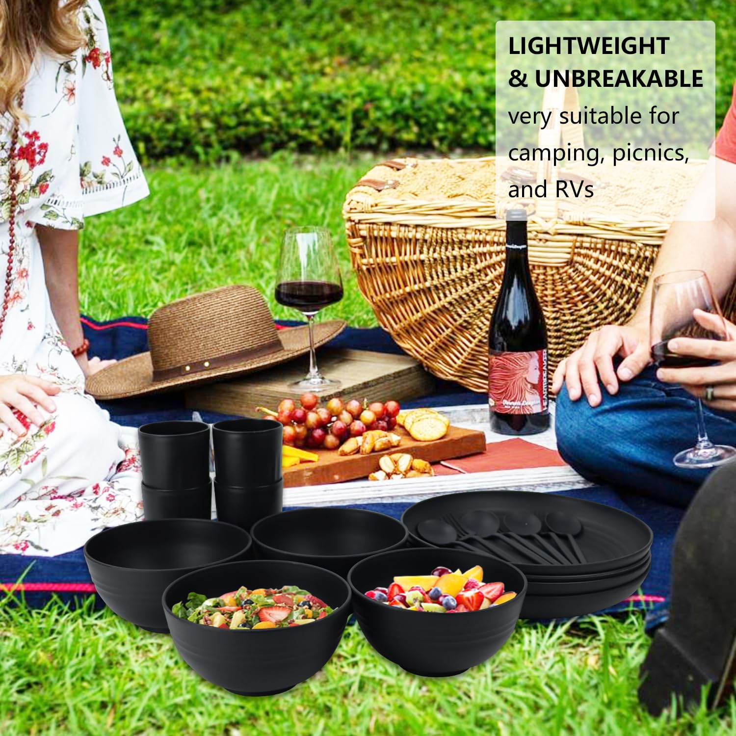 28-Piece Wheat Straw Dinnerware Sets, Microwave & Dishwasher Safe Unbreakable Dinnerware Set, Reusable Dishware Sets, Lightweight Camping Dishes, Plates, Cups, Cereal Bowls for 4(Black)