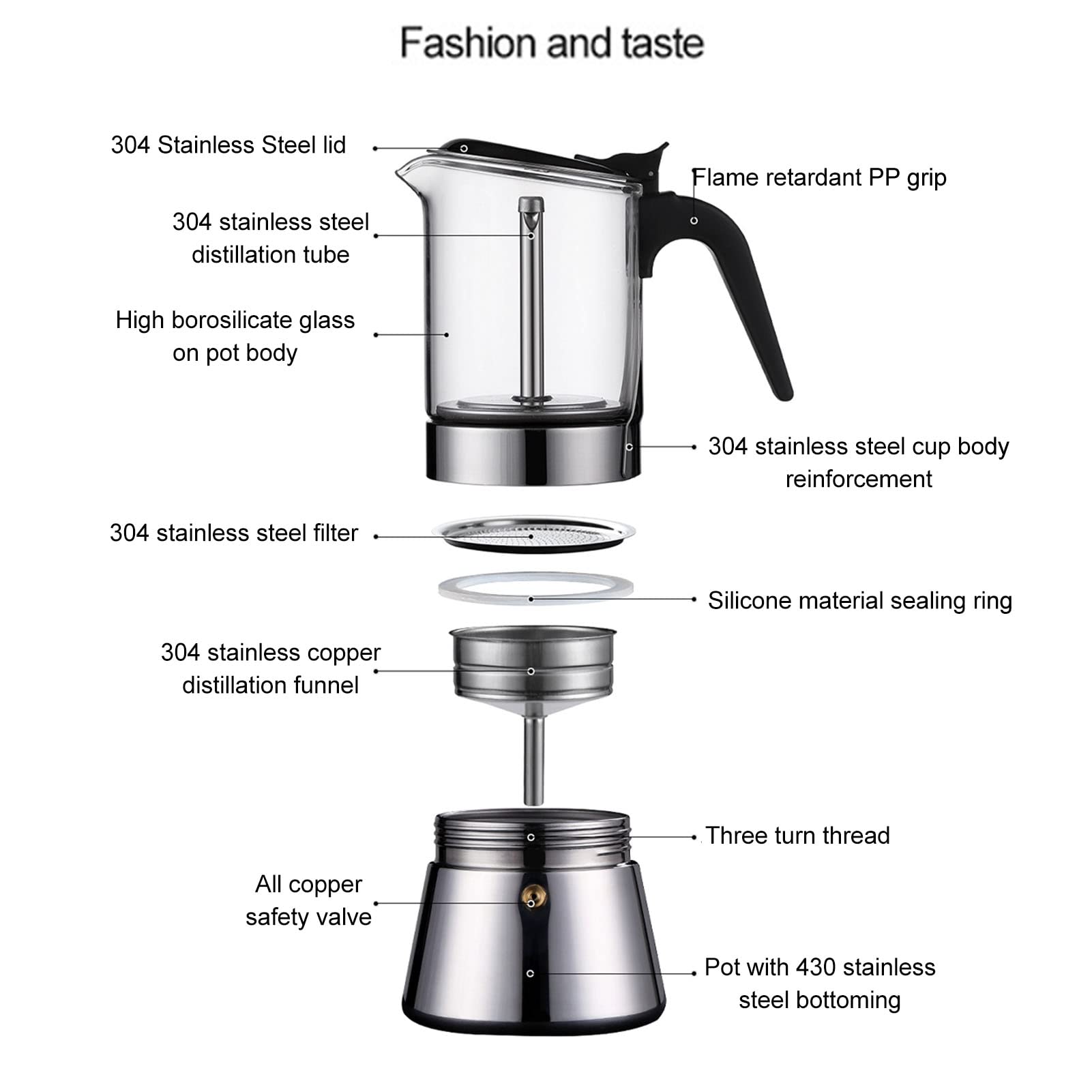 Zooke Classic Stovetop Espresso and Coffee Maker, Stovetop Espresso Maker Stainless Steel Italian Coffee Machine Maker, Crystal Glass 6 Espresso Cups Pot for Italian Cuban Café