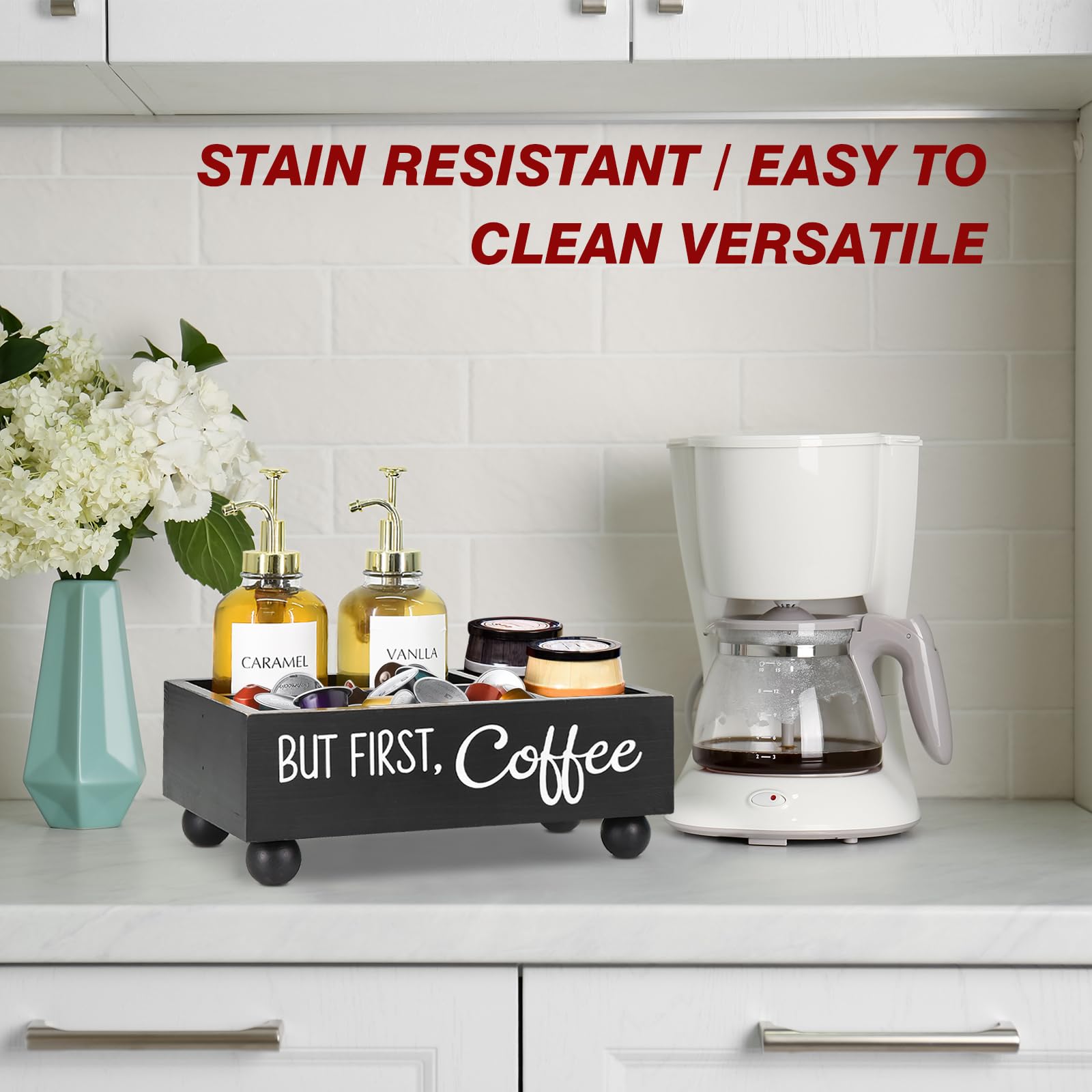 MEMOORIAL Wooden Coffee Station Organizer with 4 Round Legs, Coffee Bar Accessories Organizer for Countertop, Coffee Pods Holder Basket, Coffee Tea Bag Cup Lid Storage Box for Coffee Lover, Black…