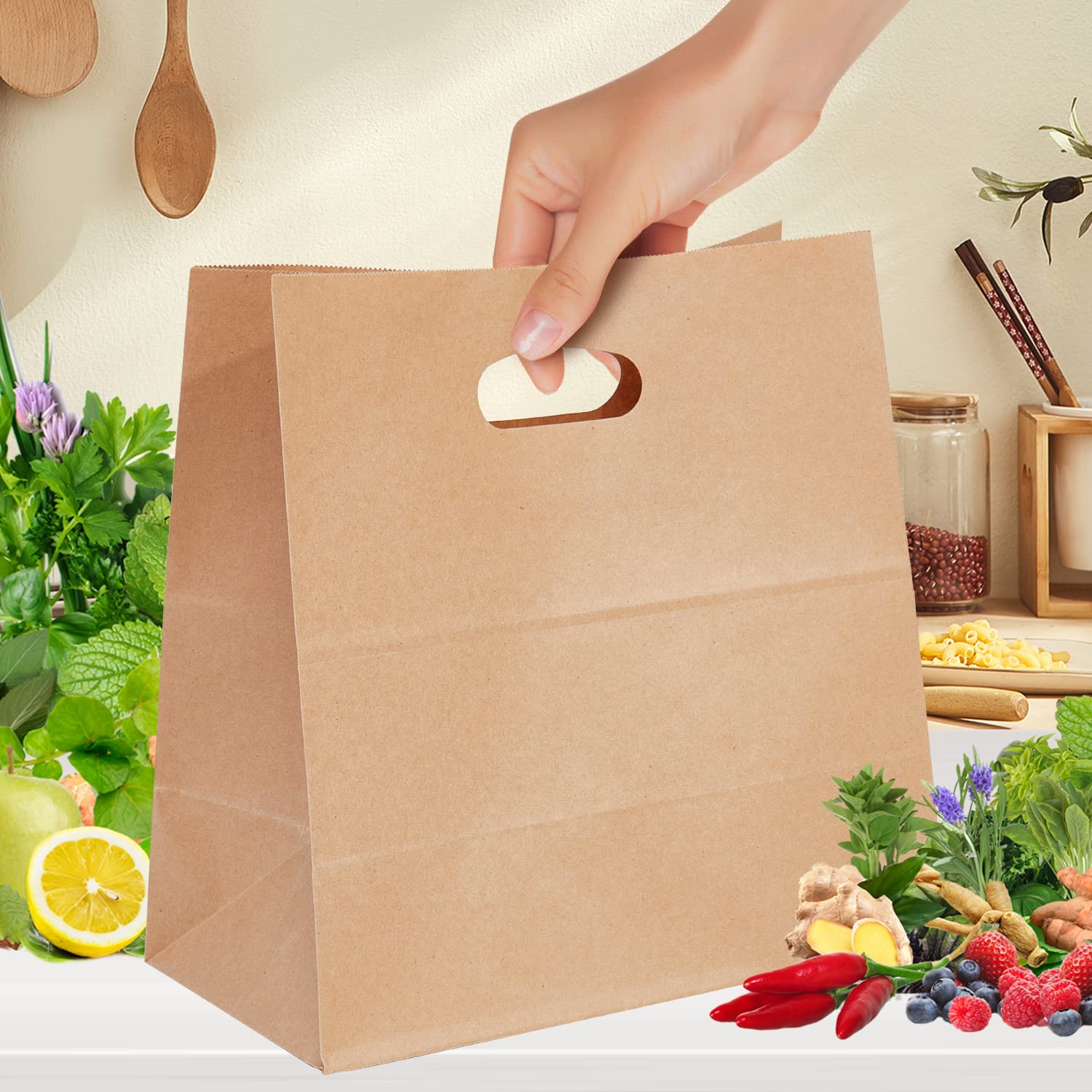 PAICUIKE 50 Pcs 11x6x11 Die Cut Tote Brown Paper Bags with Handle Bulk, Kraft Paper Grocery/Takeout Bags for Restaurant, Bakery, Retail