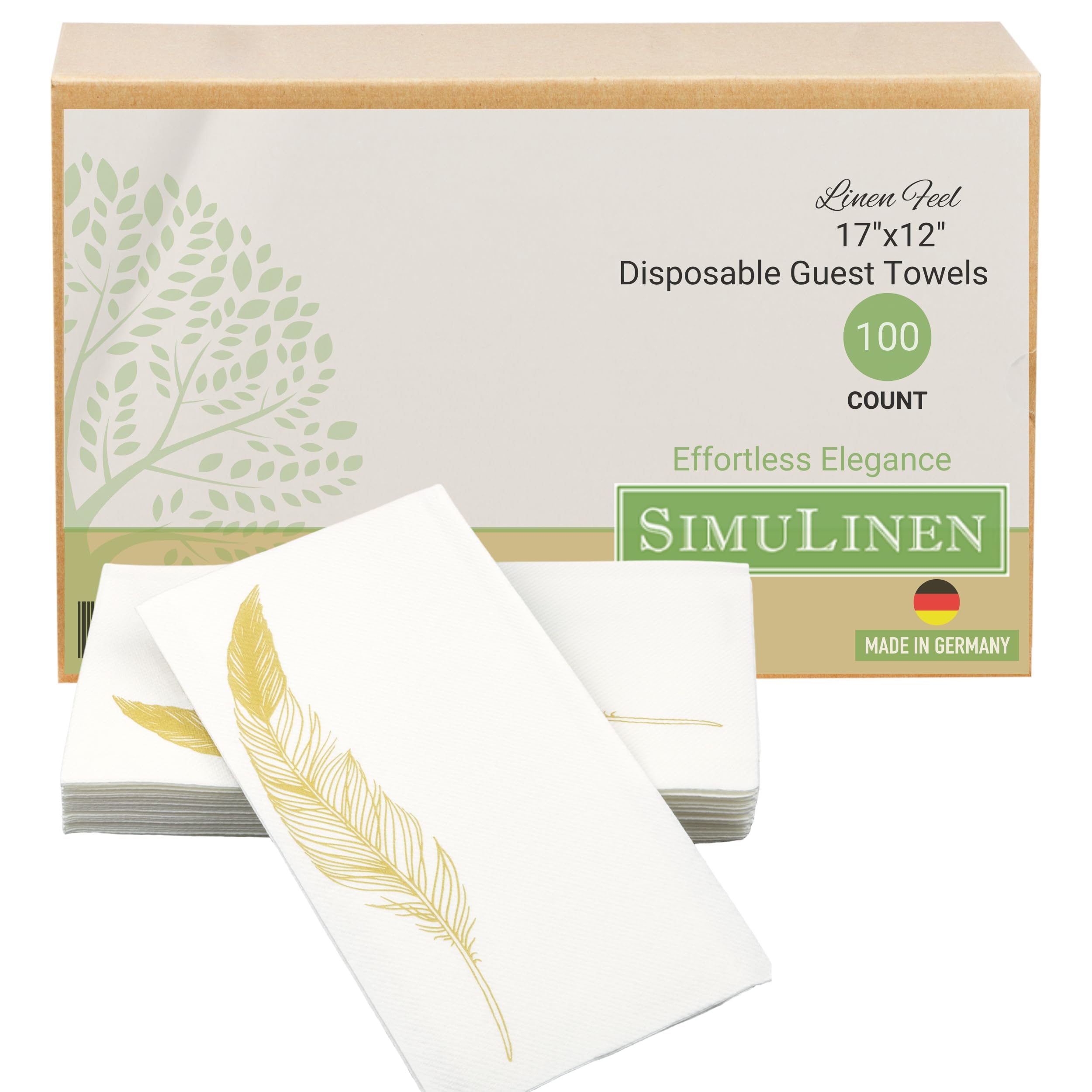 SimuLinen Decorative Gold Feather Design Paper Towels - Hand Towels for Bathroom - Cloth-Like, Linen-Feel for Guest Bathroom Essentials, Size: 12x17โ (Pack of 100) Made in Germany