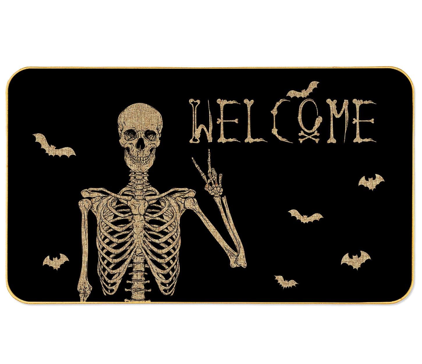 ARTUFAN Halloween Skull Doormat - Funny and Spooky Welcome Mat, Low-Profile Non-Slip Entr Door mat Living Room Kitchen Floor Mat Home Halloween Indoor Outdoor Decoration - 17" x 29"
