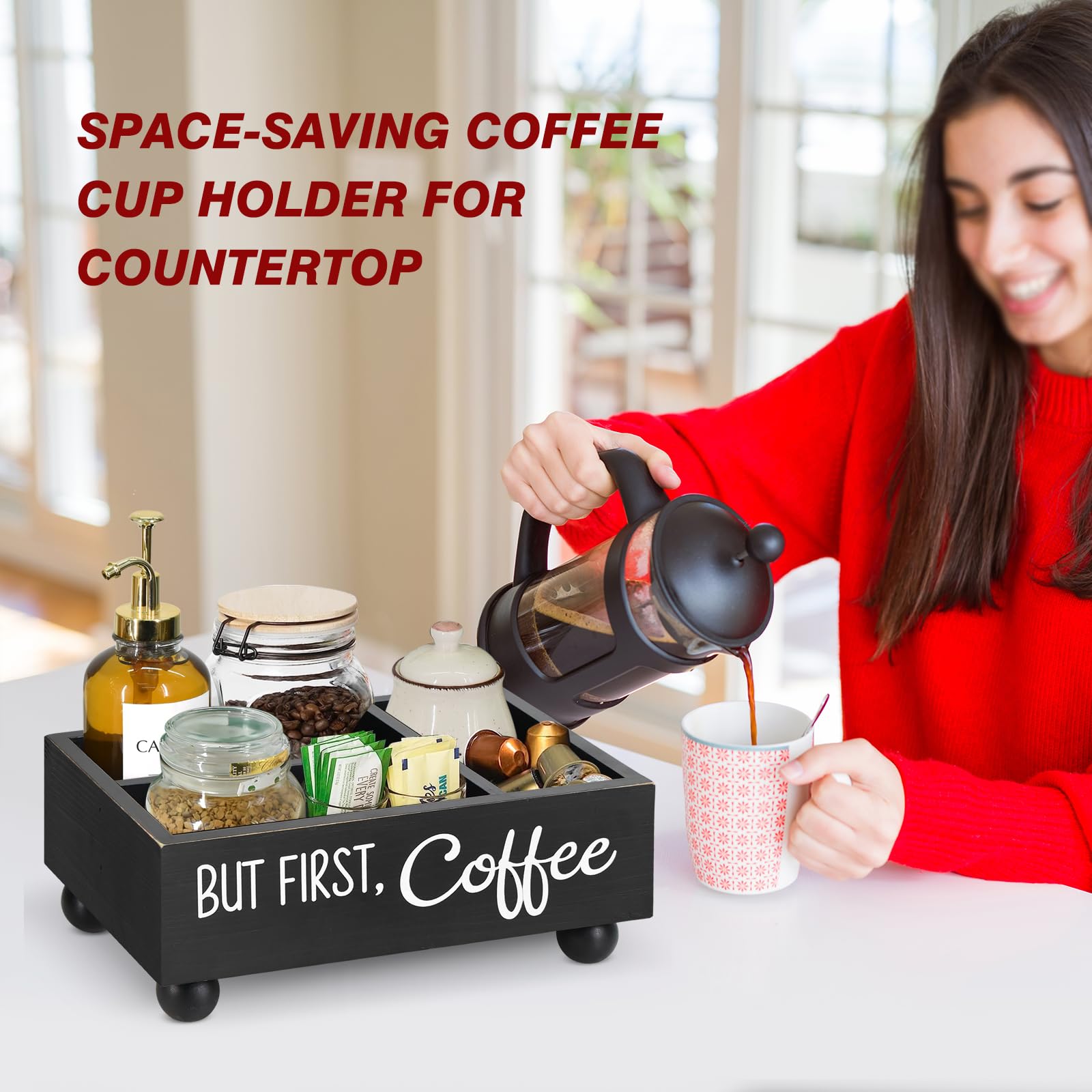 MEMOORIAL Wooden Coffee Station Organizer with 4 Round Legs, Coffee Bar Accessories Organizer for Countertop, Coffee Pods Holder Basket, Coffee Tea Bag Cup Lid Storage Box for Coffee Lover, Black…