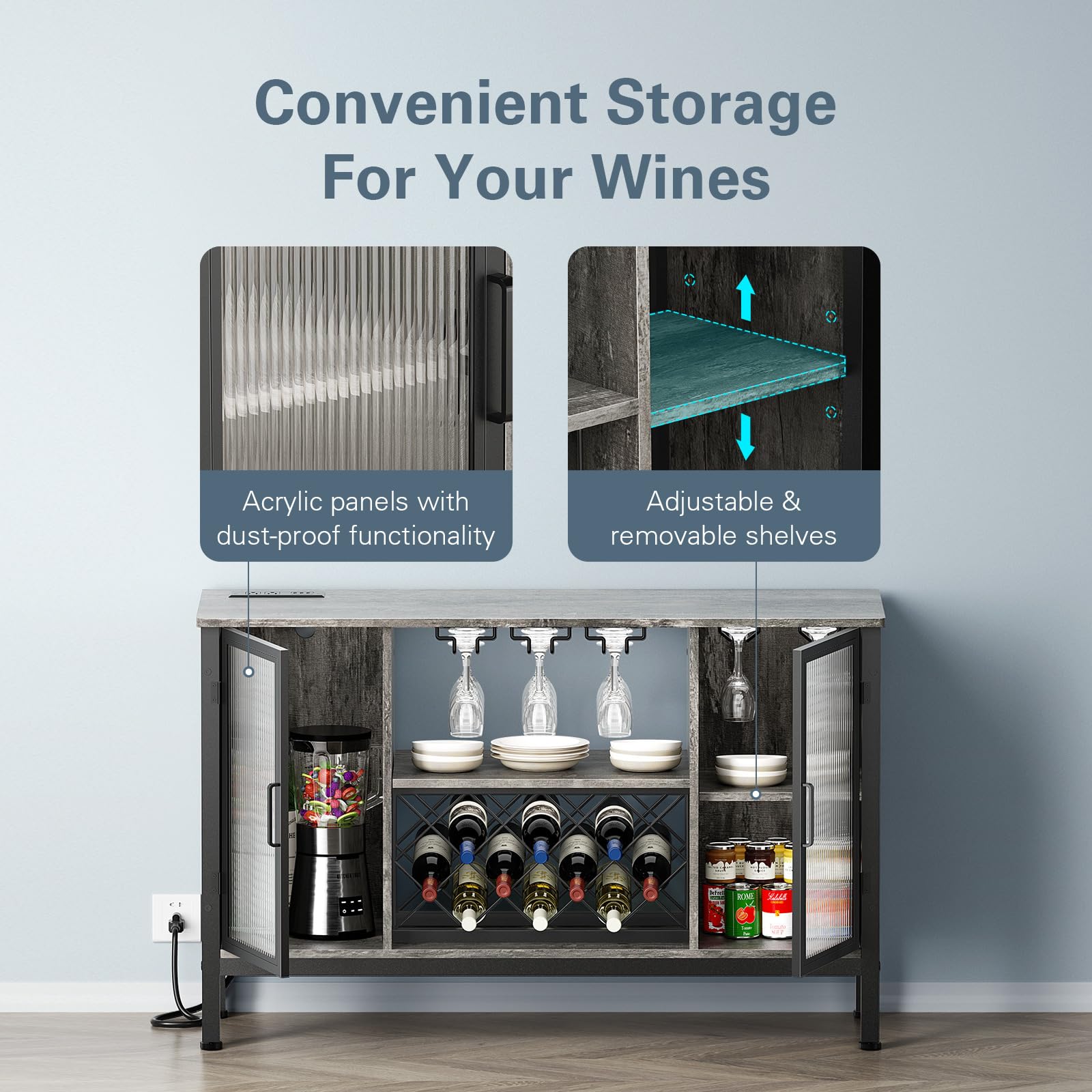 Zarler Bar Table Cabinet with Power Outlet and Light, LED Wine Bar Stand for Liquor and Glasses, Metal Home Mini Bar with 4-Tier Storage (Dark Grey), 13.4″D x 47″ W x 29.5″H, WBC001
