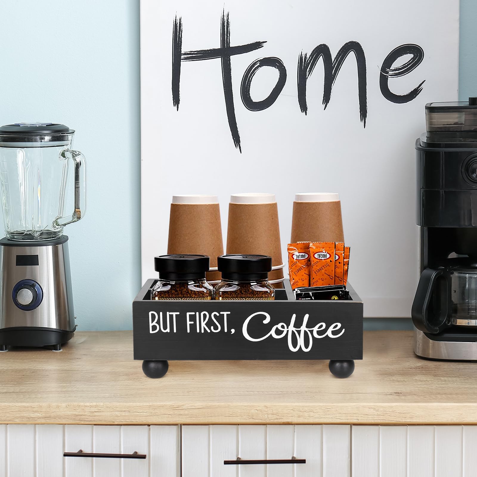 MEMOORIAL Wooden Coffee Station Organizer with 4 Round Legs, Coffee Bar Accessories Organizer for Countertop, Coffee Pods Holder Basket, Coffee Tea Bag Cup Lid Storage Box for Coffee Lover, Black…