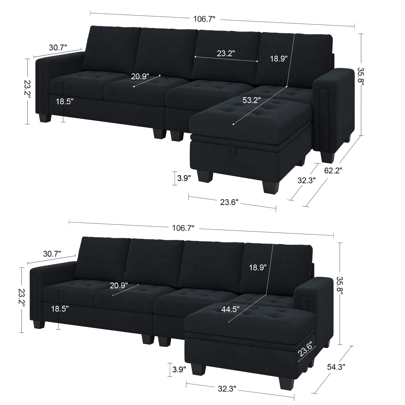 Belffin Velvet Reversible Sectional Sofa with Chaise Convertible L Shaped 4-seat Sectional Couch with Storage Ottoman Black