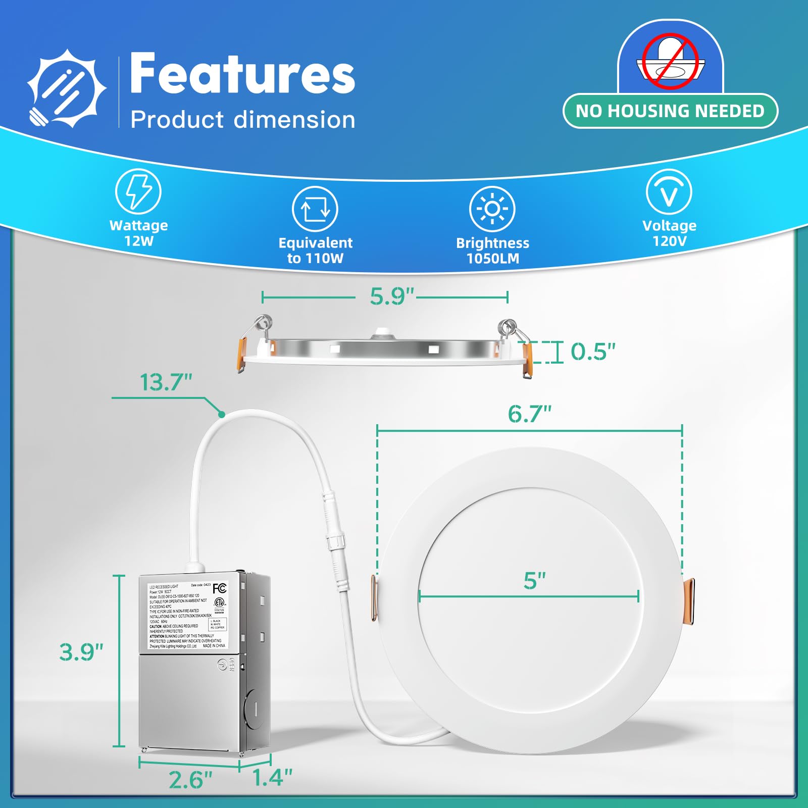 FREELICHT 24 Pack 6 Inch 5CCT Ultra-Thin LED Recessed Ceiling Light with Junction Box, 2700K/3000K/3500K/4000K/5000K Selectable, 1050LM Brightness, Dimmable Canless Wafer Downlight, 12WEqv110W-ETL&FCC