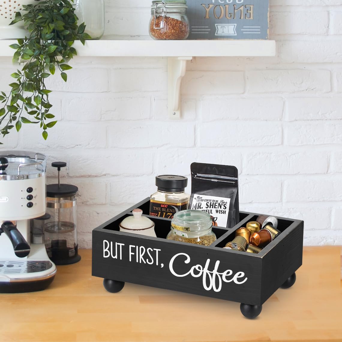 MEMOORIAL Wooden Coffee Station Organizer with 4 Round Legs, Coffee Bar Accessories Organizer for Countertop, Coffee Pods Holder Basket, Coffee Tea Bag Cup Lid Storage Box for Coffee Lover, Black…