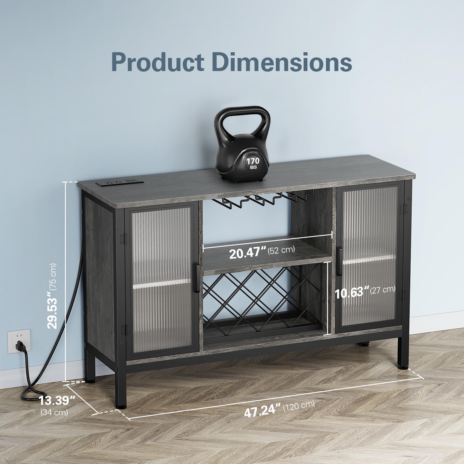 Zarler Bar Table Cabinet with Power Outlet and Light, LED Wine Bar Stand for Liquor and Glasses, Metal Home Mini Bar with 4-Tier Storage (Dark Grey), 13.4″D x 47″ W x 29.5″H, WBC001