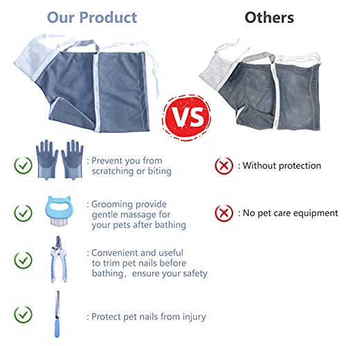 KlerRoem Cat Bathing Bag, Adjustable Anti-bite and Anti-Scratch Cat Shower Mesh Grooming Bag for Pet Dogs and Cats, Includes Pet Nail Clipper, Nail File, Grooming Glove, and Cat Shell Comb