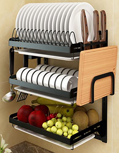 Supfirm Wall Mounted Stainless Steel Dish Drying Rack Fruit Vegetable Storage Basket with Drainboard and Hanging Chopsticks Cage Knife Holder Kitchen Supplies Shelf Utensils Organizer (3-Tier)