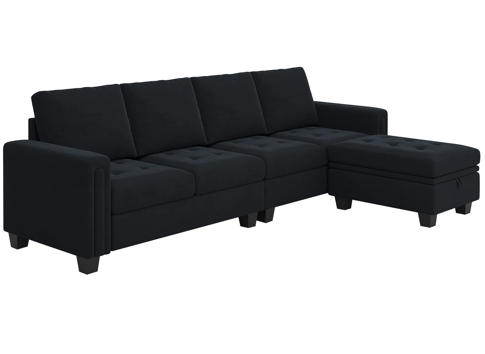 Belffin Velvet Reversible Sectional Sofa with Chaise Convertible L Shaped 4-seat Sectional Couch with Storage Ottoman Black