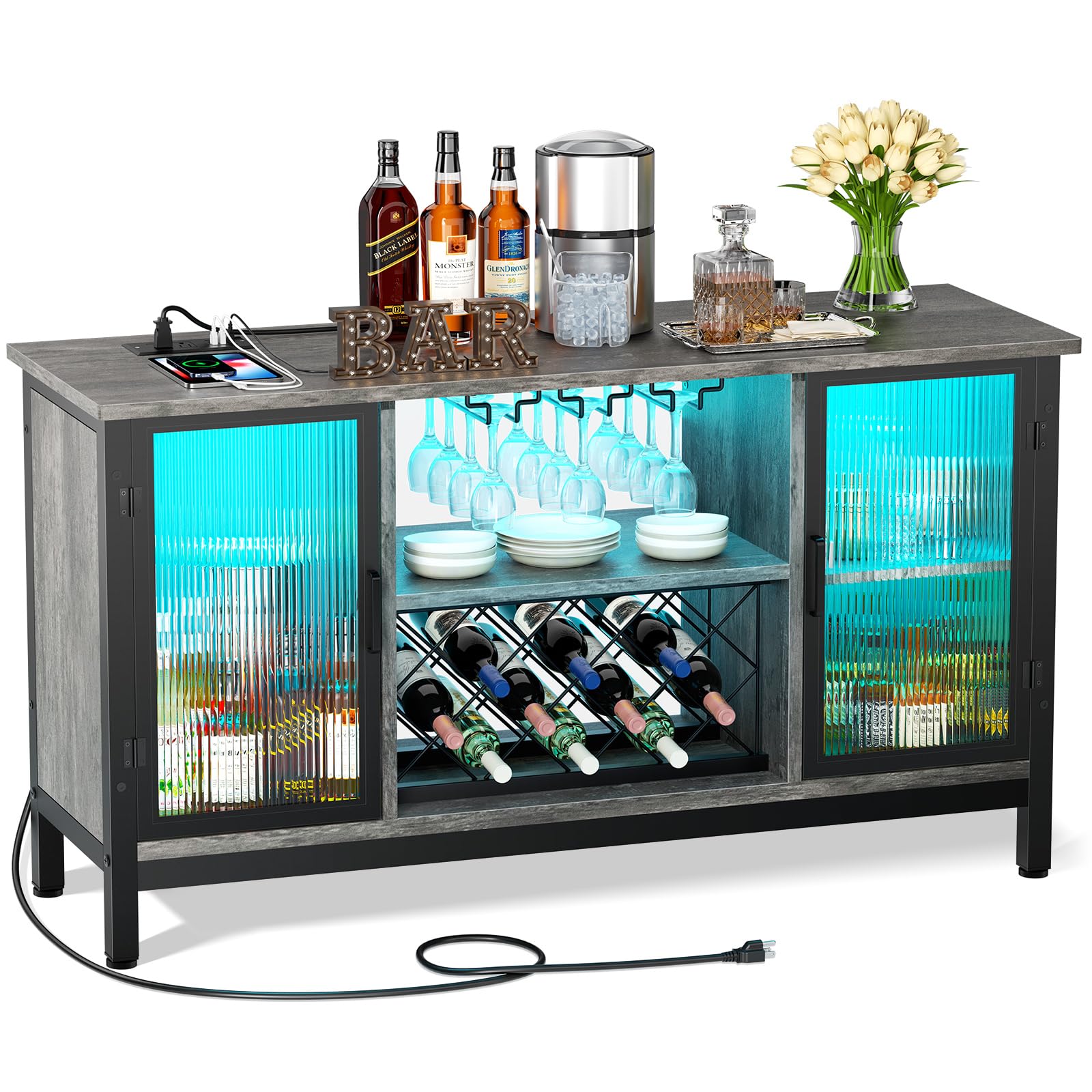 Zarler Bar Table Cabinet with Power Outlet and Light, LED Wine Bar Stand for Liquor and Glasses, Metal Home Mini Bar with 4-Tier Storage (Dark Grey), 13.4ā³D x 47ā³ W x 29.5ā³H, WBC001