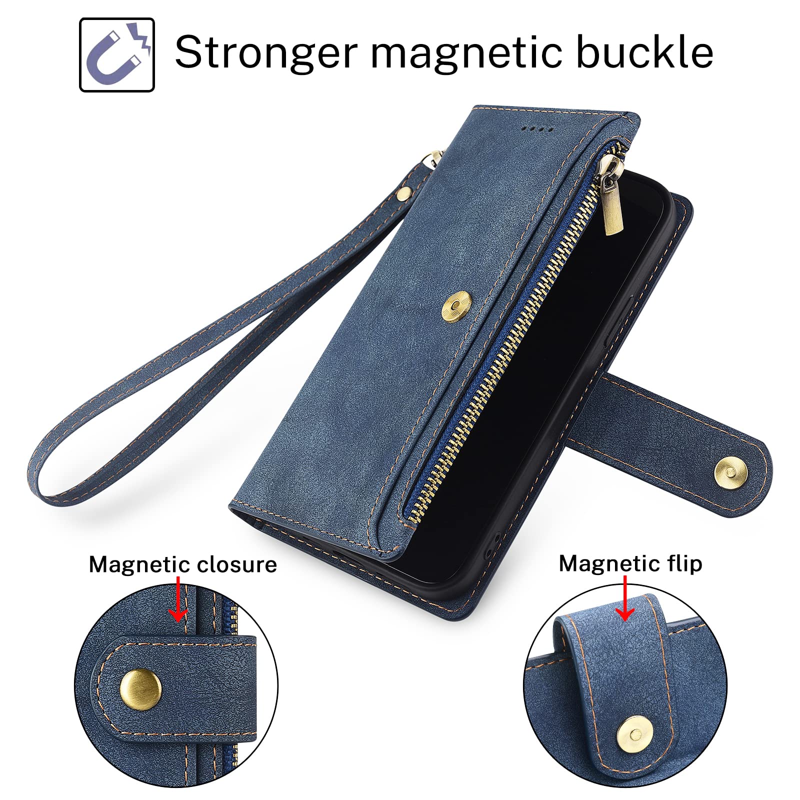 Antsturdy Compatible with Motorola Moto G Power 5G 2023 case Wallet with Card Holder for Women Men Phone case RFID Blocking PU Leather Flip Cover Strap Zipper Credit Card Slots,Blue