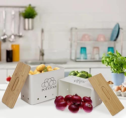 Xbopetda Potato Onion Storage Box, Food Container Sets, Storage Canisters for Vegeatables, Set of 2 Jars Pots Containers, Potato & Onion Bin with Aerating Tin Storage Holes & Bamboo Lid-White