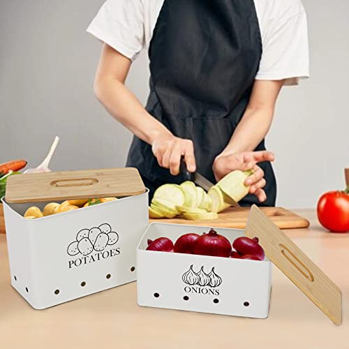 Xbopetda Potato Onion Storage Box, Food Container Sets, Storage Canisters for Vegeatables, Set of 2 Jars Pots Containers, Potato & Onion Bin with Aerating Tin Storage Holes & Bamboo Lid-White