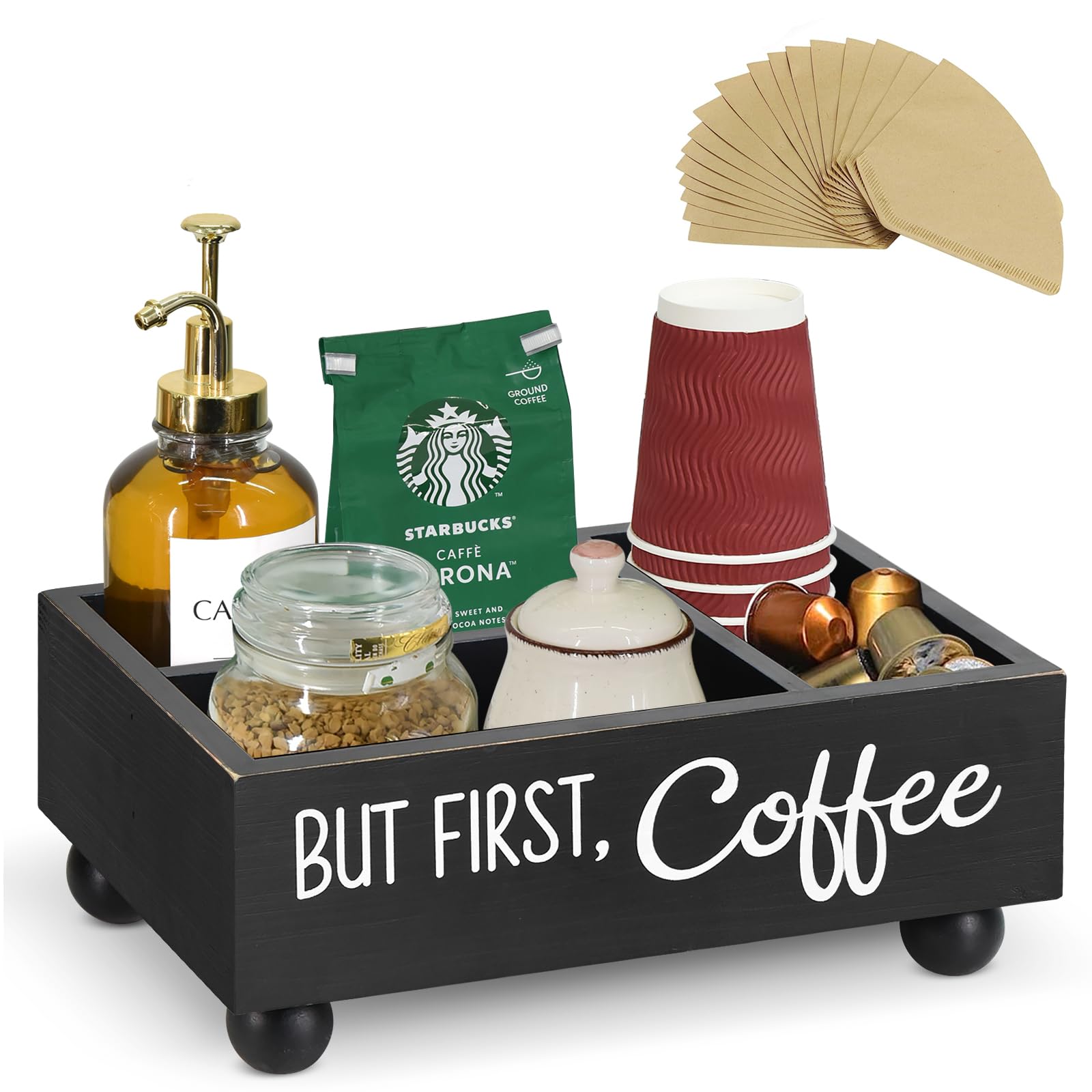 MEMOORIAL Wooden Coffee Station Organizer with 4 Round Legs, Coffee Bar Accessories Organizer for Countertop, Coffee Pods Holder Basket, Coffee Tea Bag Cup Lid Storage Box for Coffee Lover, Black…