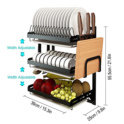 Supfirm Wall Mounted Stainless Steel Dish Drying Rack Fruit Vegetable Storage Basket with Drainboard and Hanging Chopsticks Cage Knife Holder Kitchen Supplies Shelf Utensils Organizer (3-Tier)