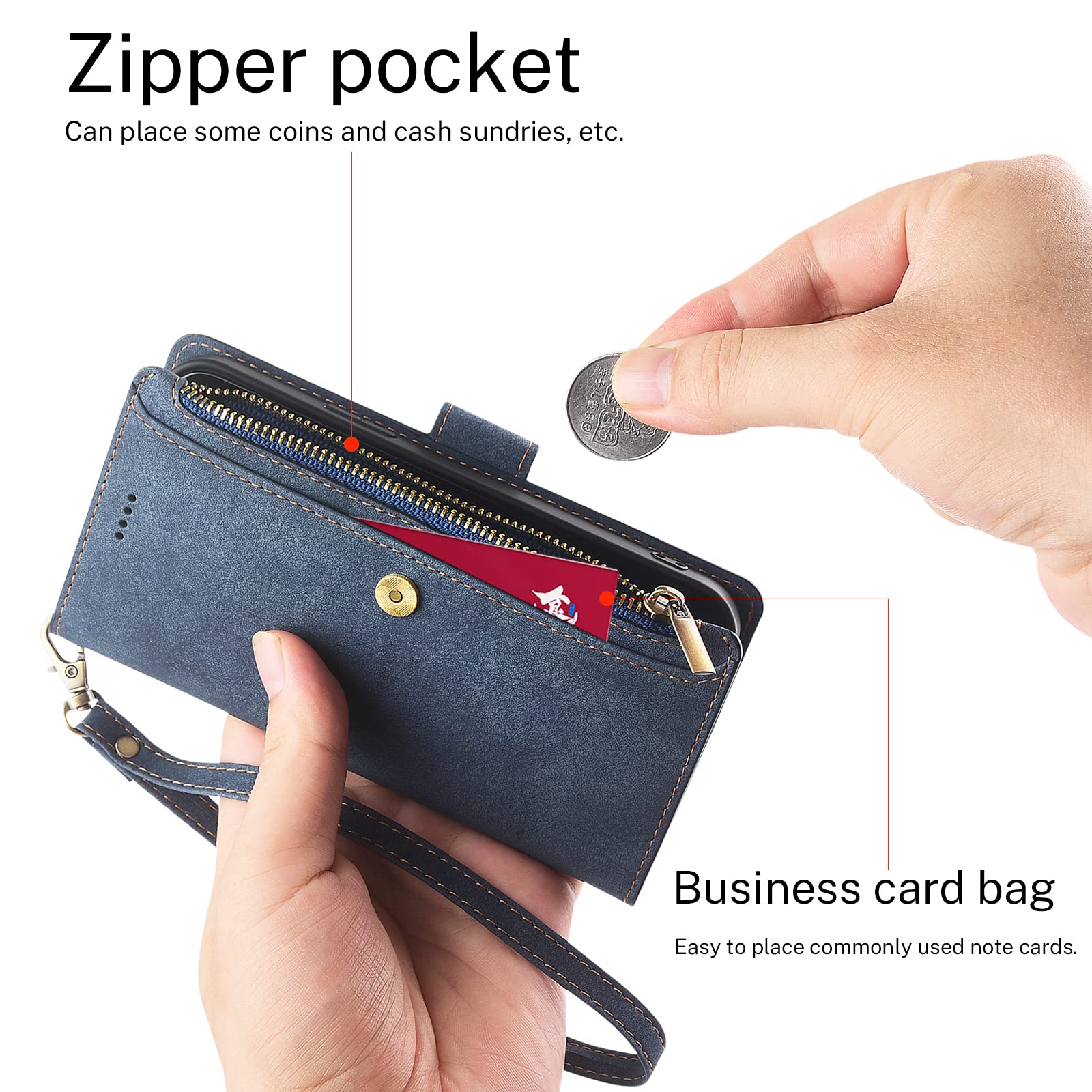 Antsturdy Compatible with Motorola Moto G Power 5G 2023 case Wallet with Card Holder for Women Men Phone case RFID Blocking PU Leather Flip Cover Strap Zipper Credit Card Slots,Blue
