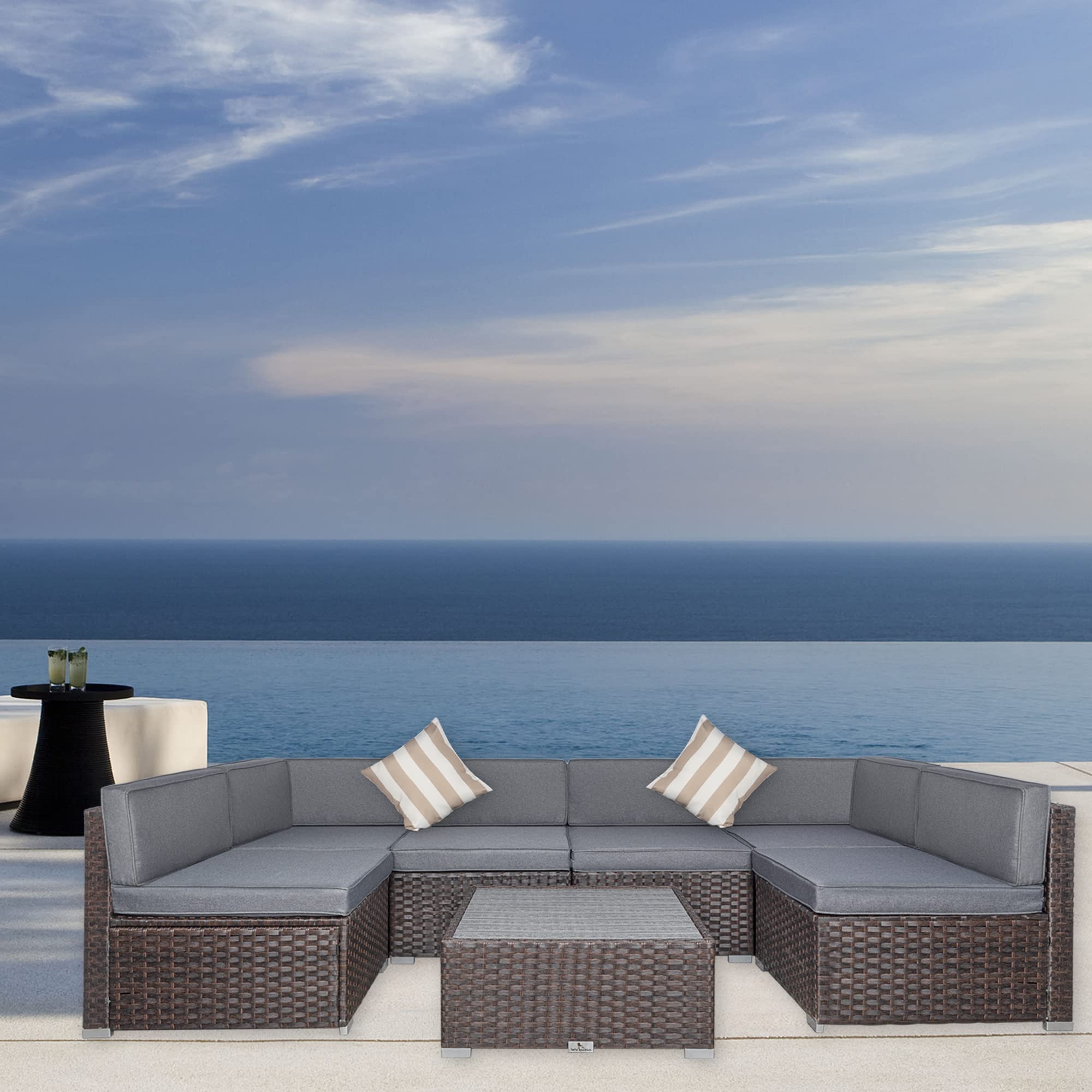 7 Piece Outdoor Patio Furniture Sets with Cushions, Outdoor PE Rattan Wicker Sectional Conversation Patio Couch Sofa Set with Coffee Table, for Garden, Deck, Poolside, Gray