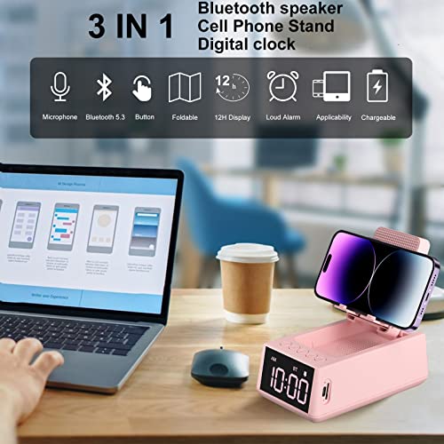 Deeyaple 3 in 1 Wireless Bluetooth Speaker with Loud Alarm Clock Cell Phone Stand TF Card Reader 12H Display Mic HD Surround Sound Kitchen Bedroom Office Cell Phone&Tablet (Pink)