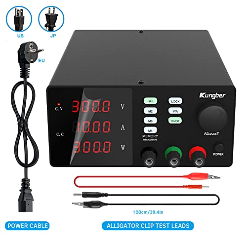 Kungber DC Power Supply Variable with Memory, 30V 10A Adjustable Switching Regulated DC Bench Linear Power Supply with Memory Recall and Output Disable Button 4 Digits Display and Alligator Leads