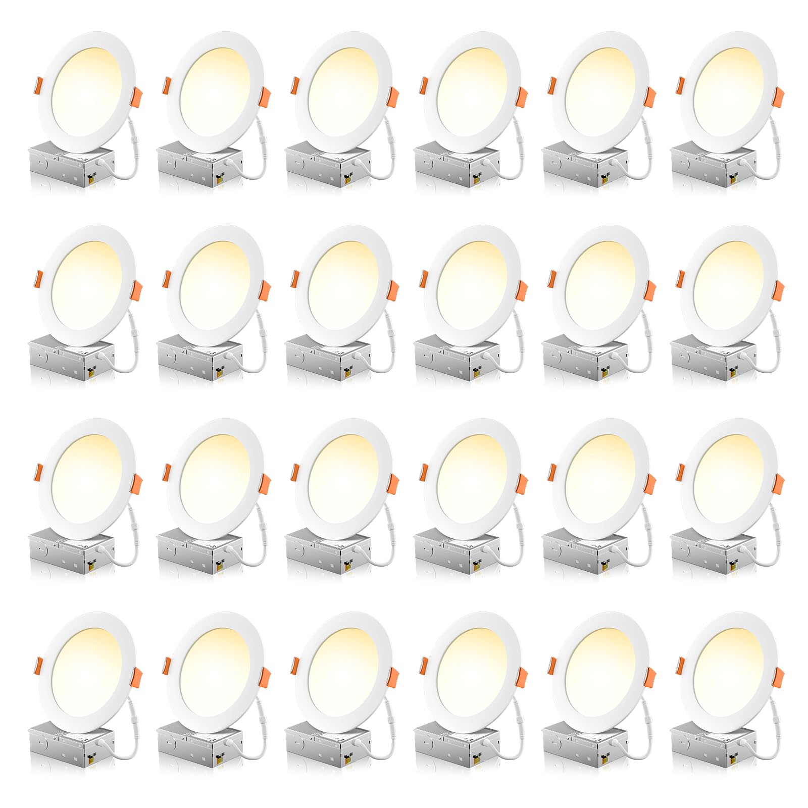 FREELICHT 24 Pack 6 Inch 5CCT Ultra-Thin LED Recessed Ceiling Light with Junction Box, 2700K/3000K/3500K/4000K/5000K Selectable, 1050LM Brightness, Dimmable Canless Wafer Downlight, 12WEqv110W-ETL&FCC