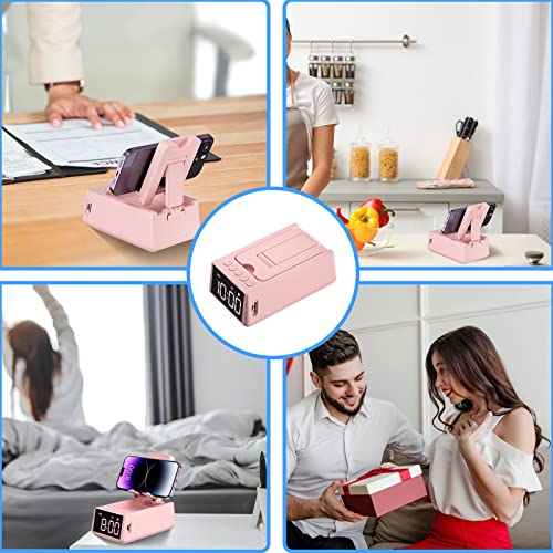 Deeyaple 3 in 1 Wireless Bluetooth Speaker with Loud Alarm Clock Cell Phone Stand TF Card Reader 12H Display Mic HD Surround Sound Kitchen Bedroom Office Cell Phone&Tablet (Pink)