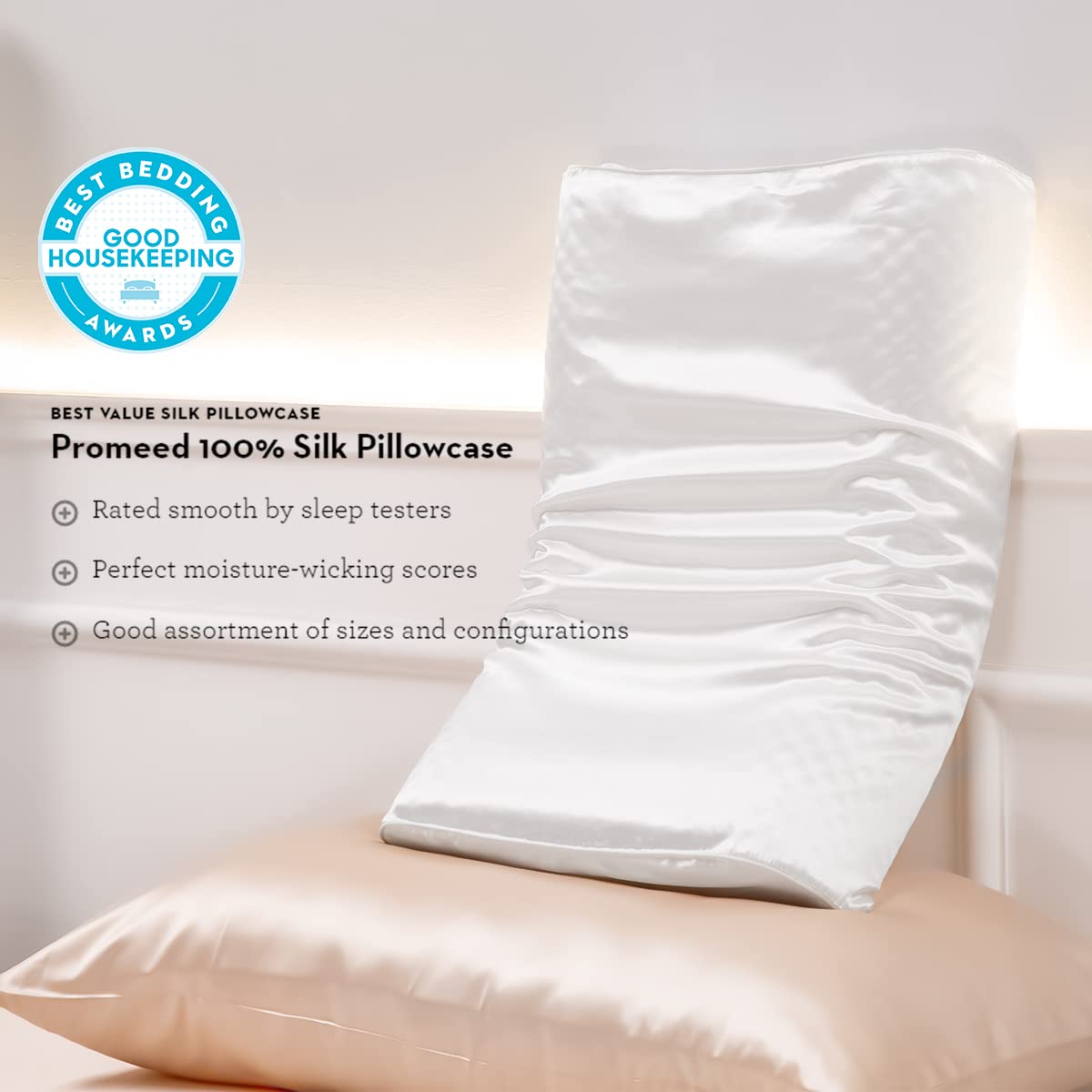 PROMEED Mulberry Silk Pillowcase for Contour Memory Foam Pillow, Natural 23 Momme Silk Memory Foam Pillow Case Cover, Pefect Fit for Royal Therapy Cervical Neck Pillow (White, Queen-24"x14.5"x5"/4.3")